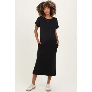 PINKBLUSH Maternity Midi T-shirt Dress With Pockets - Black