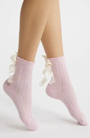 HIGH HEEL JUNGLE Cable-Knit Crew Socks With Bow Detail Pink