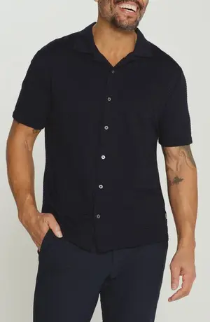 7 Diamonds Landry Waffle Knit Short Sleeve Button-up Shirt - Navy