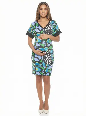24SEVEN COMFORT APPAREL Maternity Butterfly Print T-shirt Dress - Blue Multi