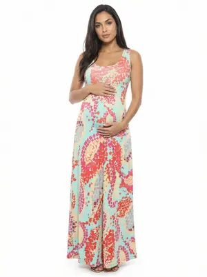 24SEVEN COMFORT APPAREL Maternity Abstract A-line Maxi Dress - Blue Multi