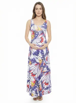 24SEVEN COMFORT APPAREL Maternity Butterfly Print Sleeveless Maxi Dress - Purple Multi