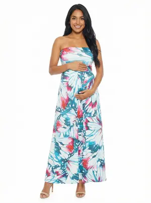 24SEVEN COMFORT APPAREL Maternity Butterfly Print A-Line Strapless Maxi Dress With Pockets Blue Multi