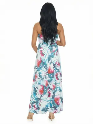24SEVEN COMFORT APPAREL Maternity Butterfly Print A-line Strapless Maxi Dress With Pockets - Blue Multi