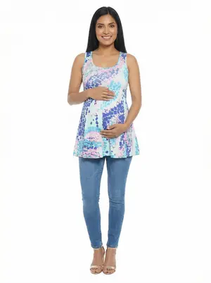 24SEVEN COMFORT APPAREL Maternity Abstract Scoop Neck Tunic Tank Top - Blue Multi