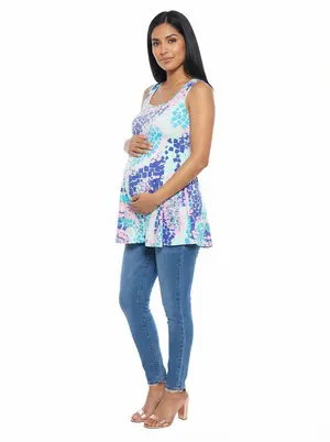 24SEVEN COMFORT APPAREL Maternity Abstract Scoop Neck Tunic Tank Top - Blue Multi