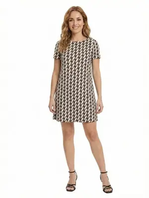 24SEVEN COMFORT APPAREL Essential Geometric Mini Shift Dress - Brown Multi