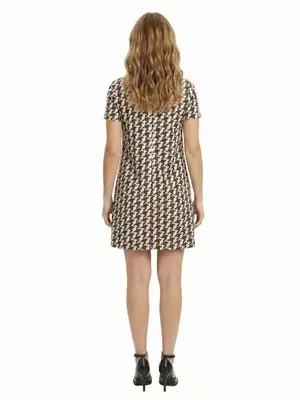 24SEVEN COMFORT APPAREL Essential Geometric Mini Shift Dress - Brown Multi