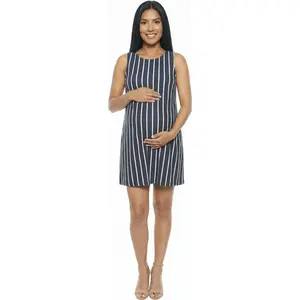 24SEVEN COMFORT APPAREL Maternity Striped Mini Shift Dress - Navy Multi