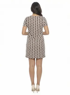24SEVEN COMFORT APPAREL Maternity Geometric Print Mini Shift Dress - Brown Multi