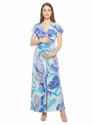24SEVEN COMFORT APPAREL Maternity Abstract V-neck Empire Waist Maxi Dress - Blue Multi