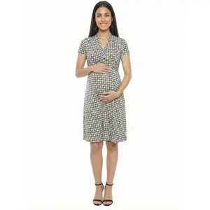 24SEVEN COMFORT APPAREL Maternity Geometric Print Faux Wrap A-line Dress - Black Multi
