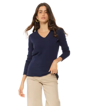 MONTICELLI CASHMERE Ultra-Light Cashmere V-Neck Sweater Melange Blue