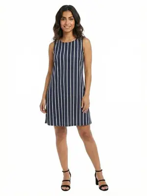 24SEVEN COMFORT APPAREL Essential Petite Striped A-line Mini Shift Dress - Navy Multi