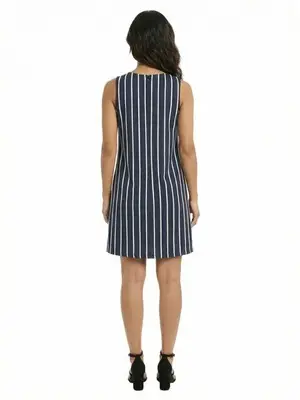 24SEVEN COMFORT APPAREL Essential Petite Striped A-line Mini Shift Dress - Navy Multi