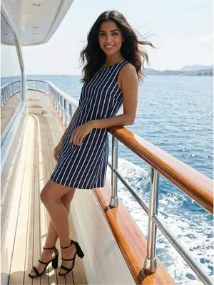24SEVEN COMFORT APPAREL Essential Petite Striped A-line Mini Shift Dress - Navy Multi