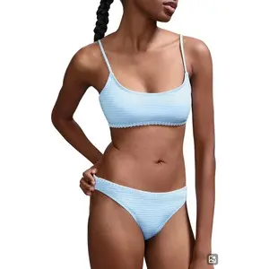 Mango Embroidered Trim Smocked Two-piece Swimsuit - Blue