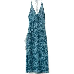 Mango Ruffle Print Halter Maxi Dress - Blue