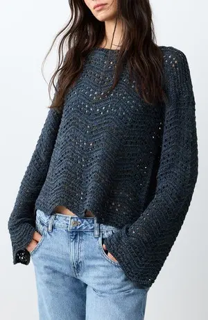 Mango Scallop Hem Openwork Crop Sweater