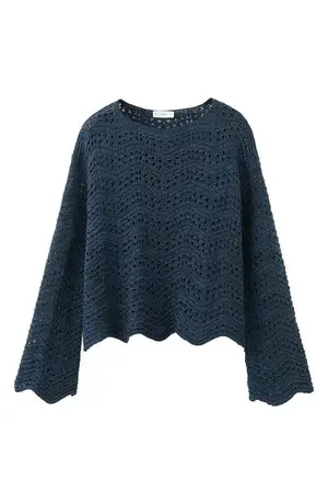 Mango Scallop Hem Openwork Crop Sweater