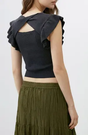 Mango Ruffle Sleeve Ribbed Crop Top