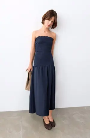 Mango Smocked Strapless Maxi Dress - Navy