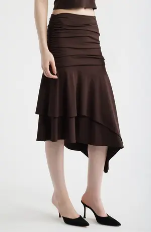 FENERS Gresca Ruched Asymmetric Hem Skirt - Chocolate