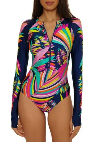 Trina Turk Paralia Long Sleeve Upf 50+ One-piece Rashguard Swimsuit - Multi
