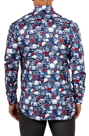 MACEOO Fibonacci Mathyr0242 Skull Print Button-up Shirt - Blue