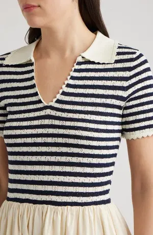 ZOE AND CLAIRE Hybrid Stripe Pointelle Rib & Woven Dress