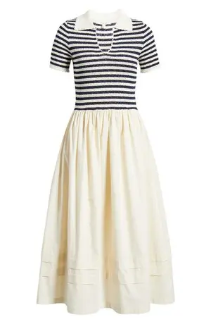 ZOE AND CLAIRE Hybrid Stripe Pointelle Rib & Woven Dress