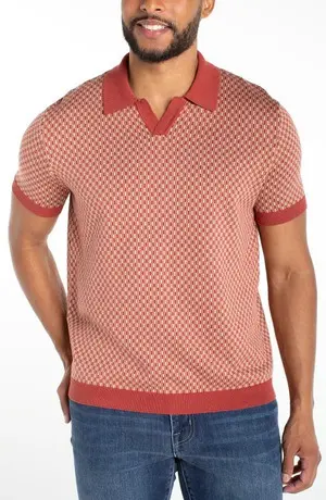 LIVERPOOL Geo Pattern Johnny Collar Polo Sweater - Rust Tan