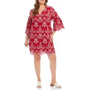 Karen Kane Embroidered Flare-sleeve Mini Dress - Red