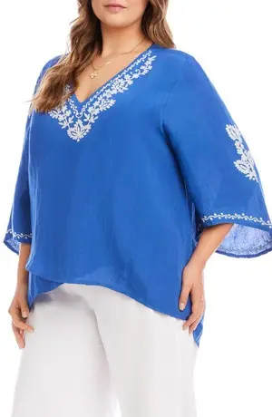 Karen Kane Embroidered Asymmetric Hem Linen Blend Top - Blue