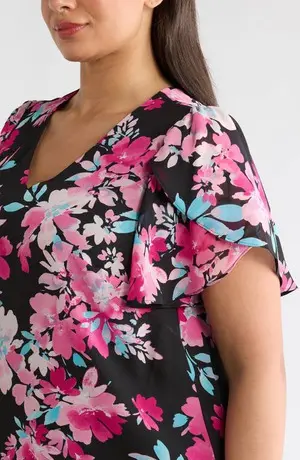 KASPER Floral Print Tulip Sleeve Top