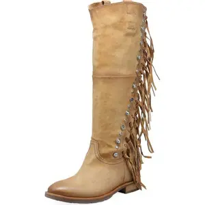 A.S.98 Ilke Studded Fringe Knee High Boots - Camel
