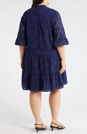 Anne Klein Eyelet Embroidered Tiered Cotton Dress - Distant Mountain