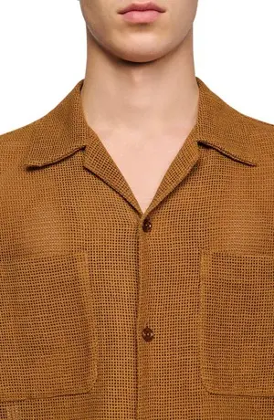 Sandro Openwork Mesh Shirt - Camel