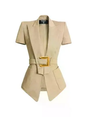 Balmain Anthem Belted Gabardine Jacket Neutrals