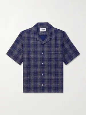 CORRIDOR Camp-collar Checked Cotton And Linen-blend Gauze Shirt - Blue