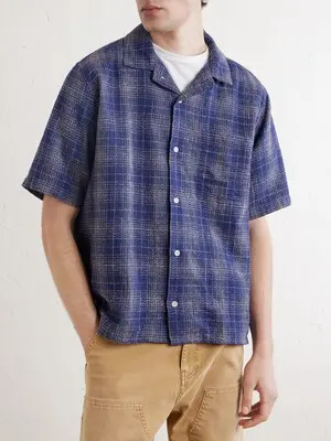 CORRIDOR Camp-collar Checked Cotton And Linen-blend Gauze Shirt - Blue