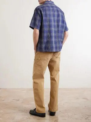 CORRIDOR Camp-collar Checked Cotton And Linen-blend Gauze Shirt - Blue