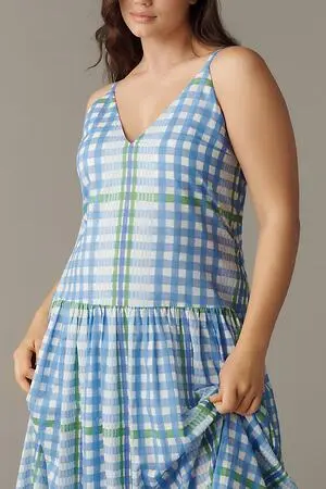 DE LORETA Drop-waist Sleeveless V-neck Maxi Dress - Blue Pattern