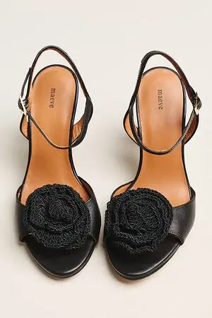Maeve Crochet Flower Open-toe Heels - Black