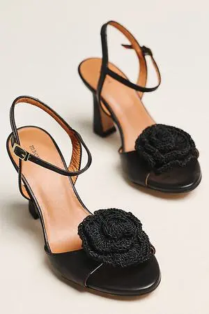 Maeve Crochet Flower Open-toe Heels - Black