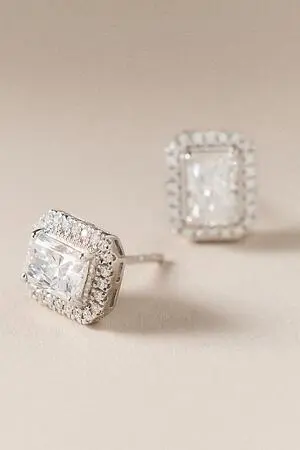 FINE DIAMONDS BY ANTHROPOLOGIE Emerald-cut Halo Diamond Stud Earrings - Silver