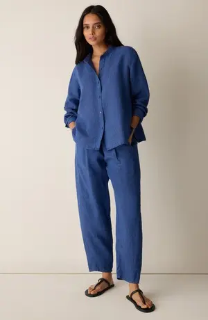 Eileen Fisher Mandarin Collar Long Sleeve Linen Shirt