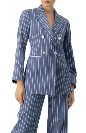 IVONNE Striped Double-breasted Blazer - Blue