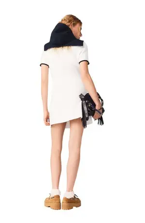 Maje Short Knit Dress With Pockets And Trim - Ecru