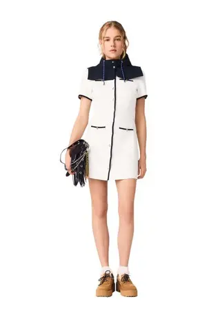 Maje Short Knit Dress With Pockets And Trim - Ecru